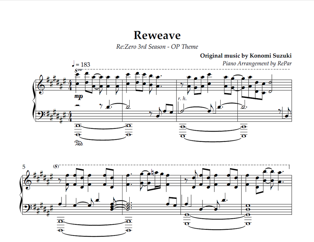 Reweave - Re:Zero S3 OP Theme (Piano Sheet)