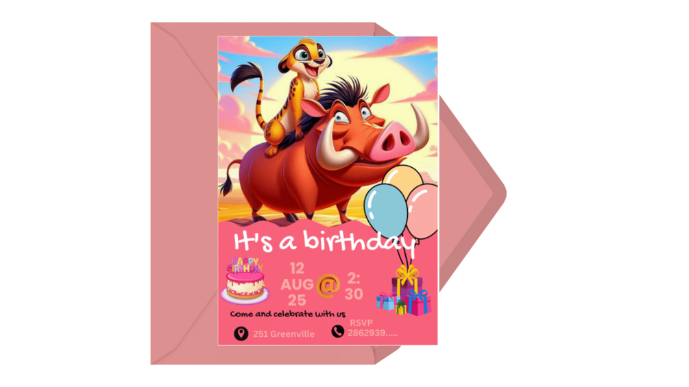 Lion King (Timon & Pumba) Birthday Invitation card – Editable Digital