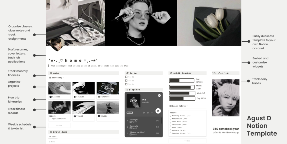🖤 Agust D Monochrome Notion Template