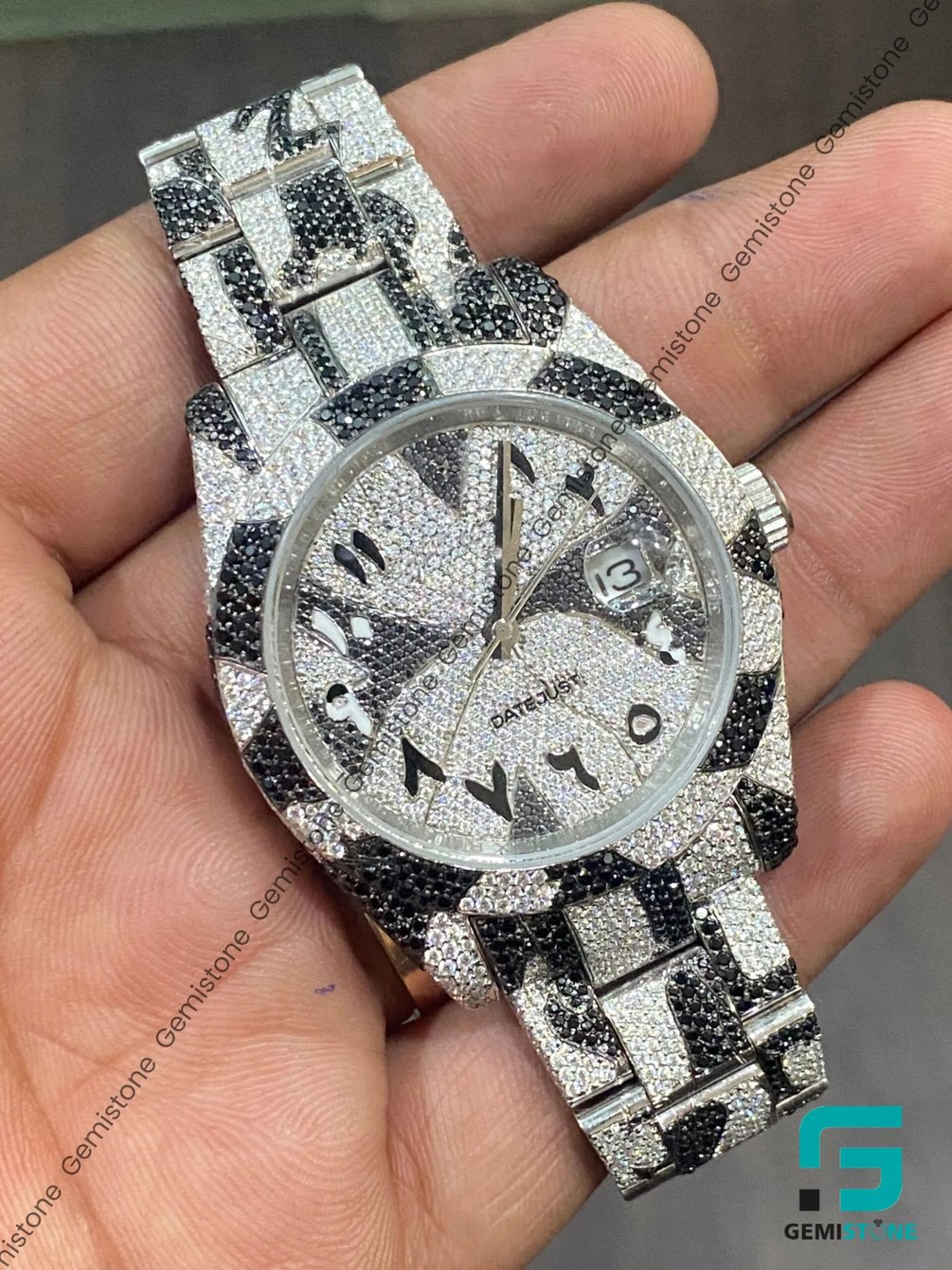 Fully Zebra Pattern Moissanite Black and White Diamond Bust Down Watch