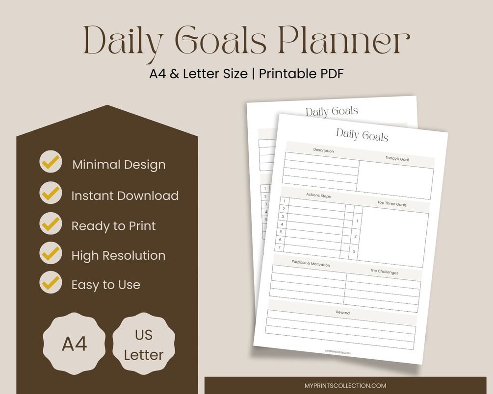 Daily Goals Planner Printable | A4/Letter Size | Vertical Minimalist ...