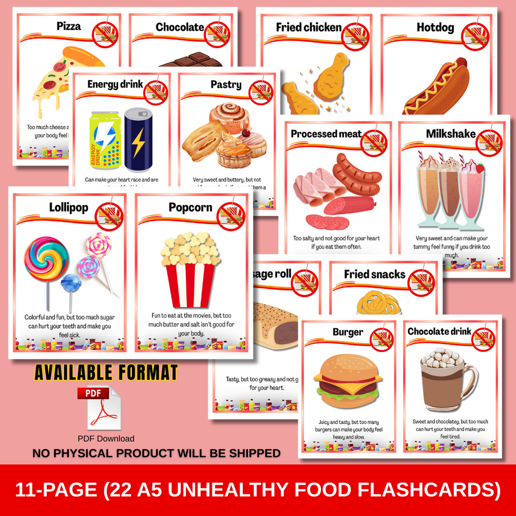 Healthy and Unhealthy Food Flashcards | 25 Pages (50 A5 Cards ...