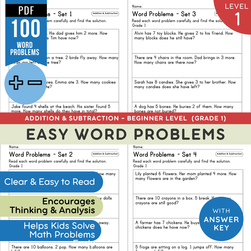 Easy Addition and Subtraction Math Word Problems Worksheets