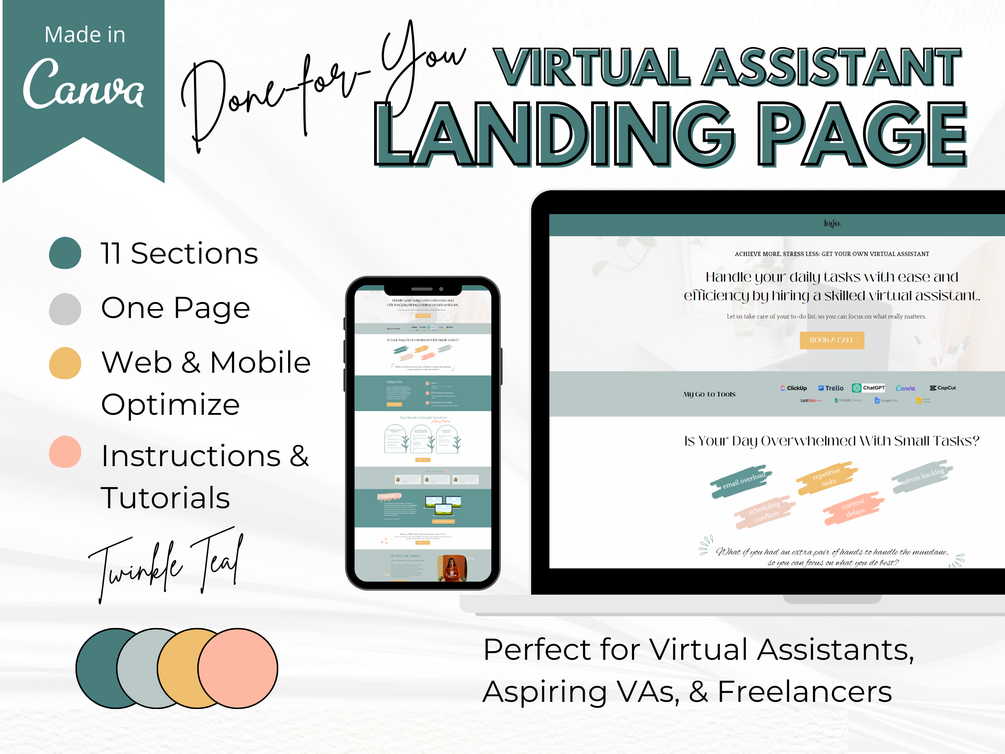 Twinkle Teal Virtual Assistant Landing Page | Canva Website Template ...