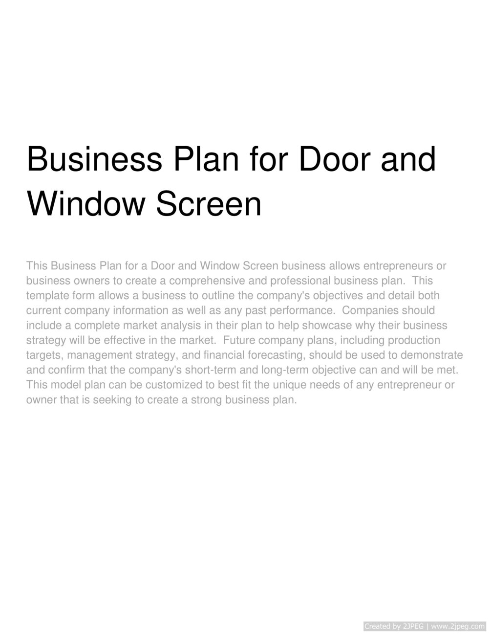 Business Plan for Door and Window Screen
