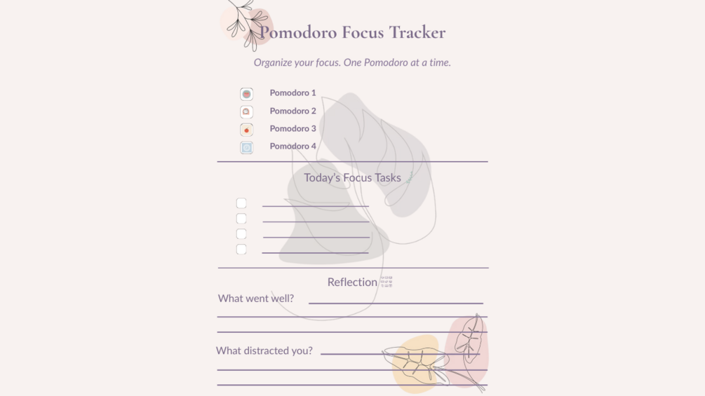Minimal Pomodoro Focus Tracker – Printable + Editable Canva Template