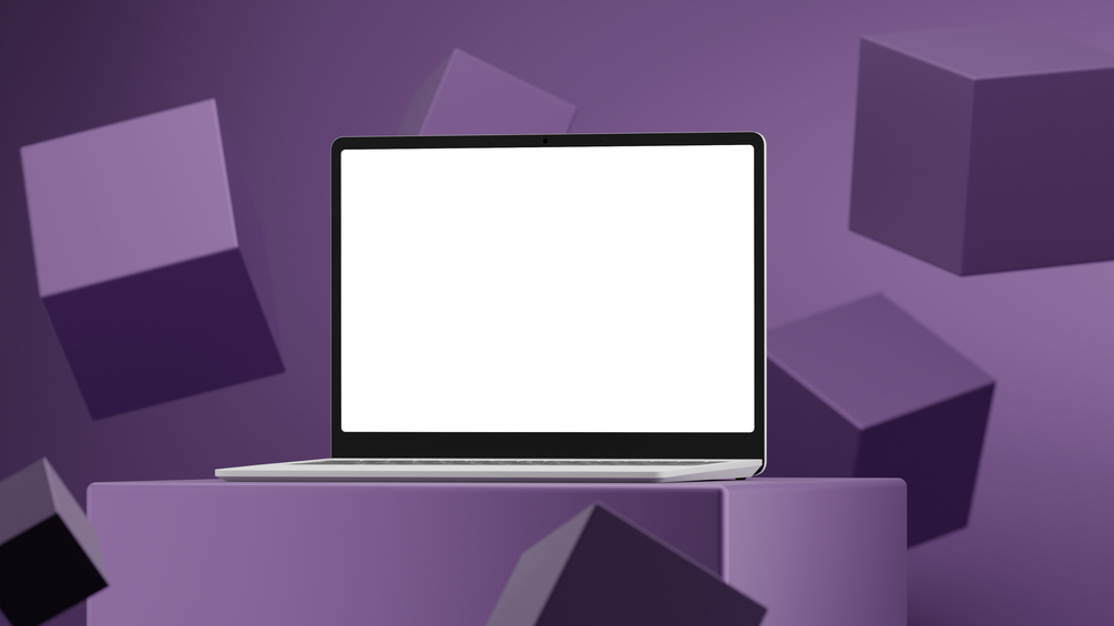 Minimalist, geometrical laptop mock up in violet scene with cubes #10