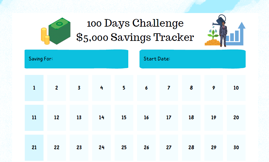 100 Days Challenge - $5,000 Savings Tracker - Blue