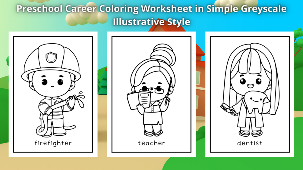 Preschool Career Coloring Worksheet in Simple Greyscale Illustrative Style