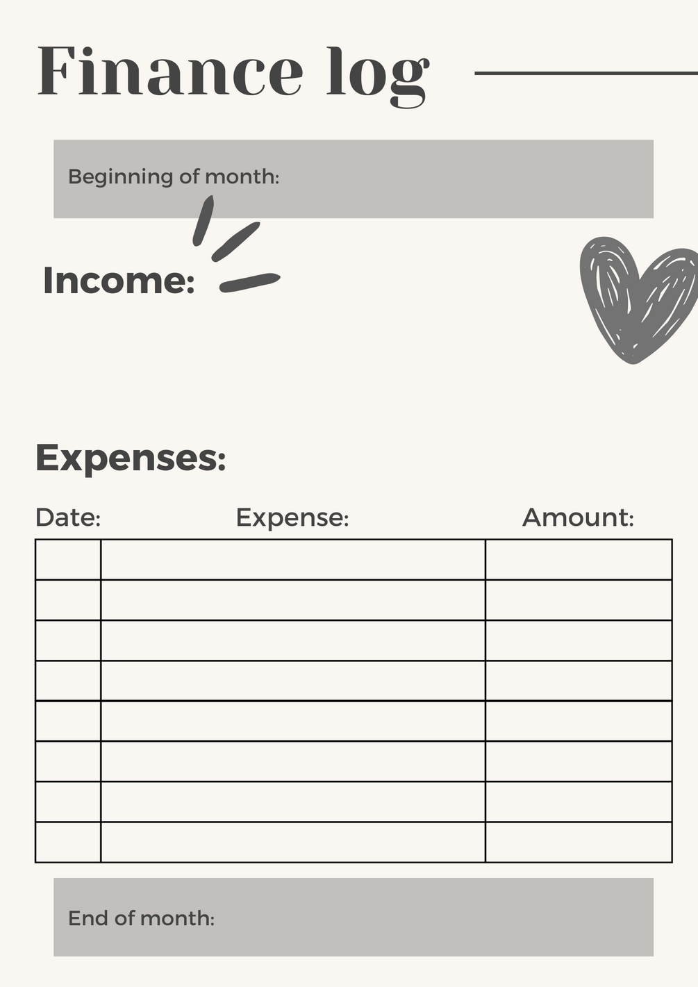 Printable Finance log Journal Template