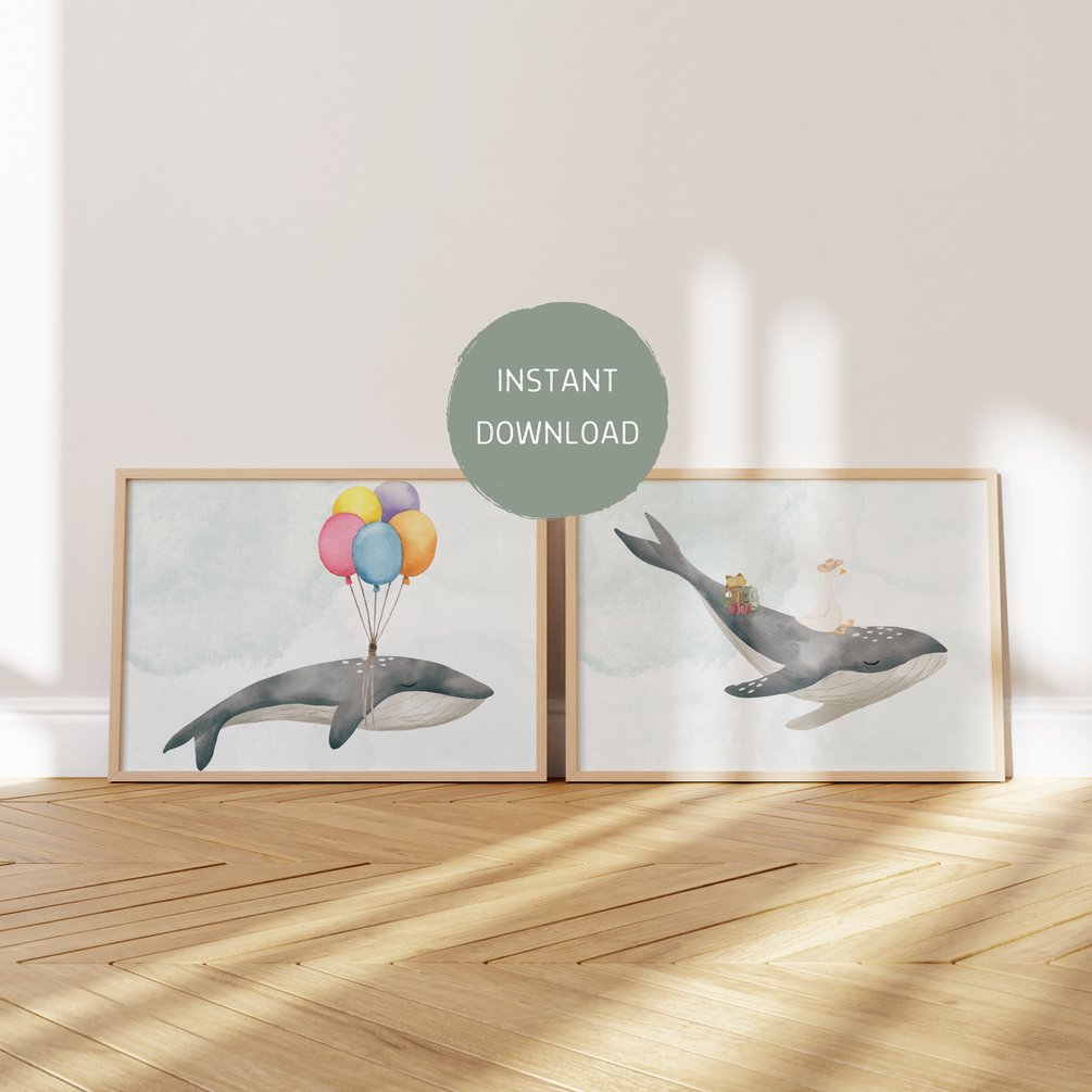 Whale with Balloons Watercolor Art, Whale and Goose on a Trip, Gender ...