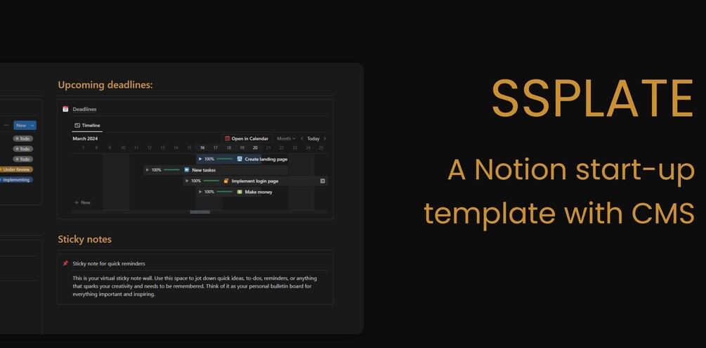 SSPLATE: A Notion project management template which also acts as a landing page CMS