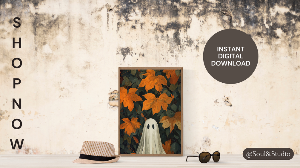 Ghost in Autumn Leaves Wall Art – Spooky Season Printable, Vintage ...
