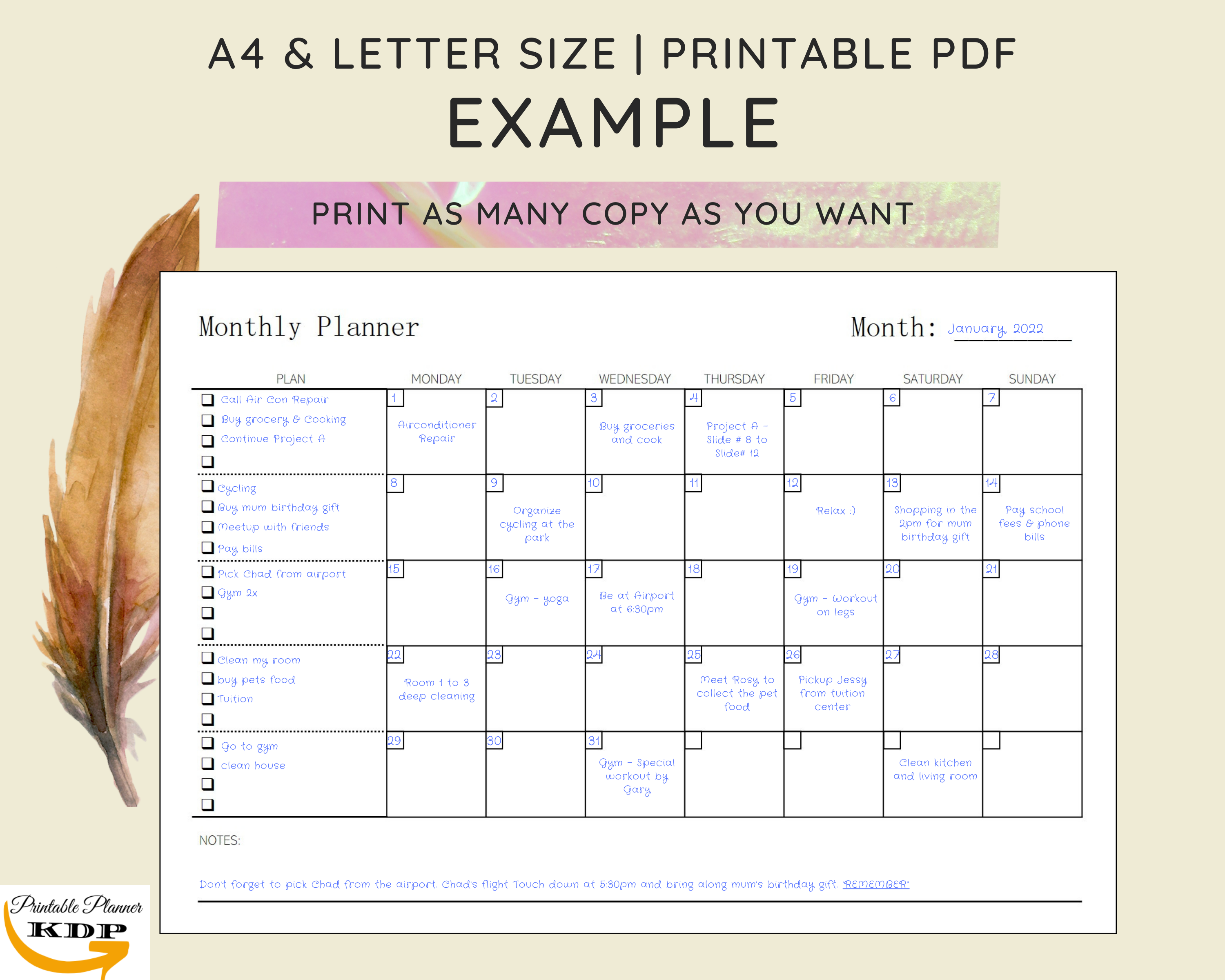 Undated Monthly Planner Printable Landscape