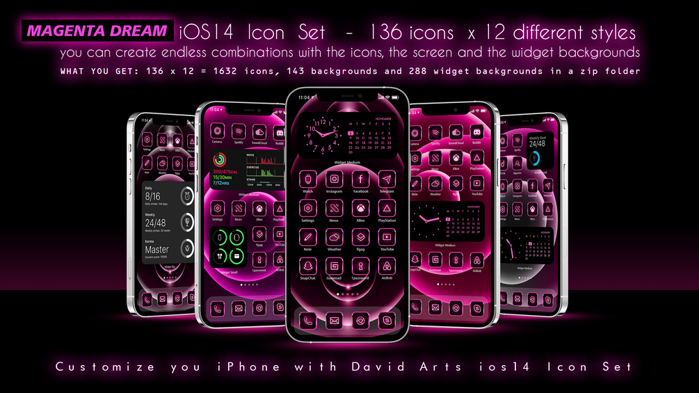 Magenta Dream iOS14 Icon Set 1632 Icons 12 different Styles iPhone ...