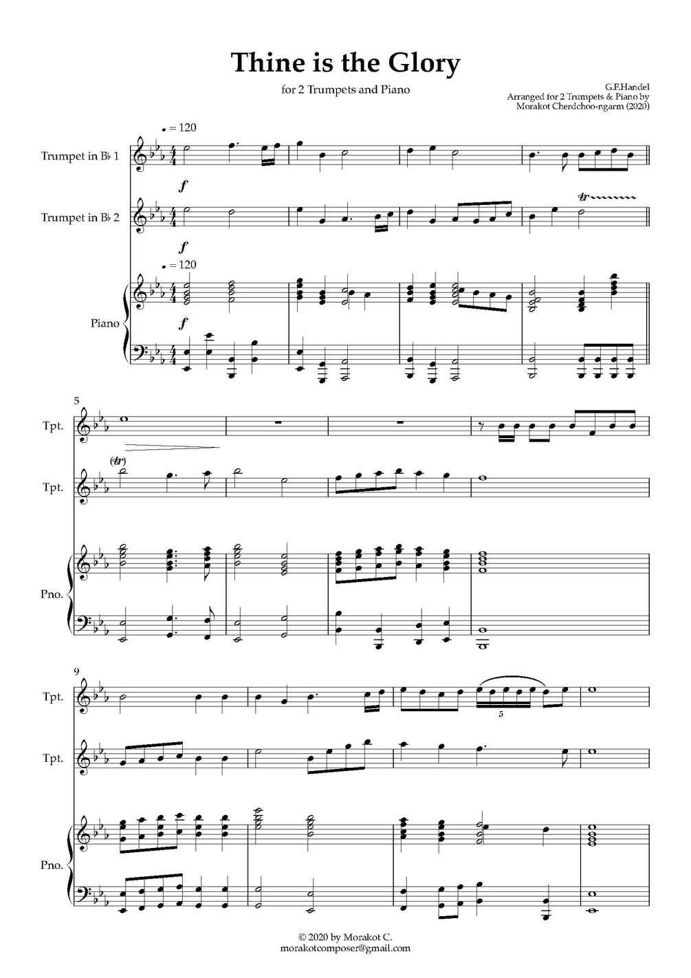 Thine is the Glory (Handel) for 2 Trumpets & Piano (Score & Parts) [PDF]