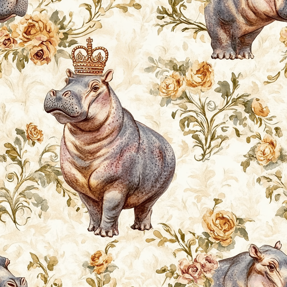 Quirky Repeating Vintage Animal Patterns - Hippo & Crown