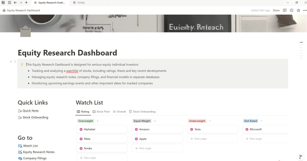 Equity Research Dashboard Notion Template