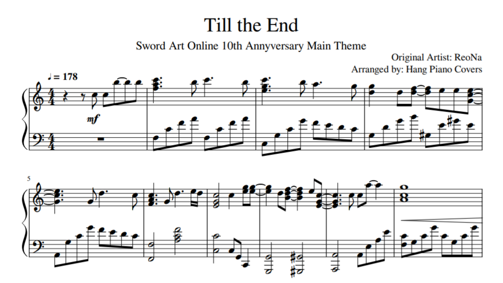 Till The End - SAO 10th Anniverysary Main Theme (piano sheets)