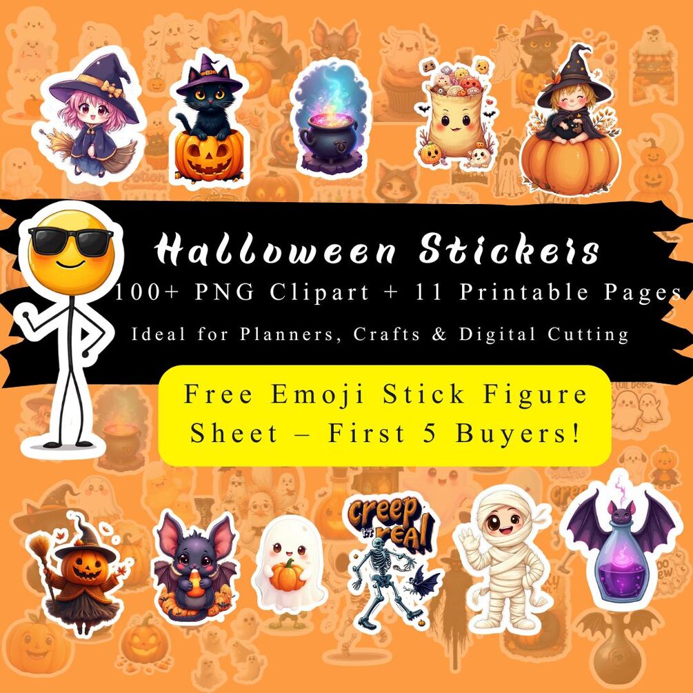 Halloween Stickers Bundle | 100 PNG Clipart + 11 Sticker Sheets | Cute ...