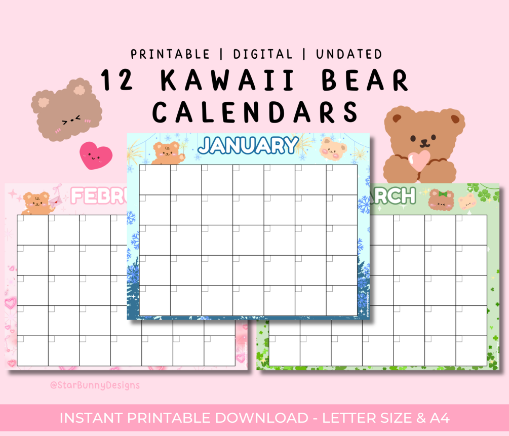 12 Kawaii Bear Calendars, Cute Monthly Printable Calendar Template ...
