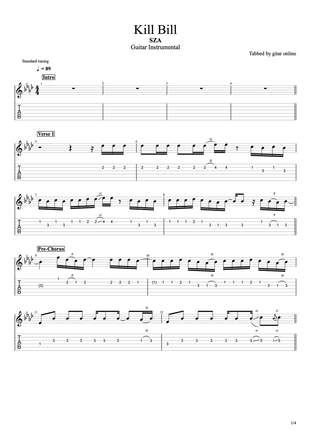 TAB. Kill Bill - SZA (Guitar Instrumental)