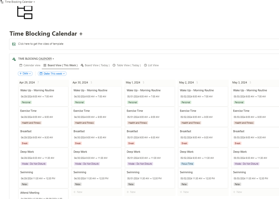 Time Blocking Calender