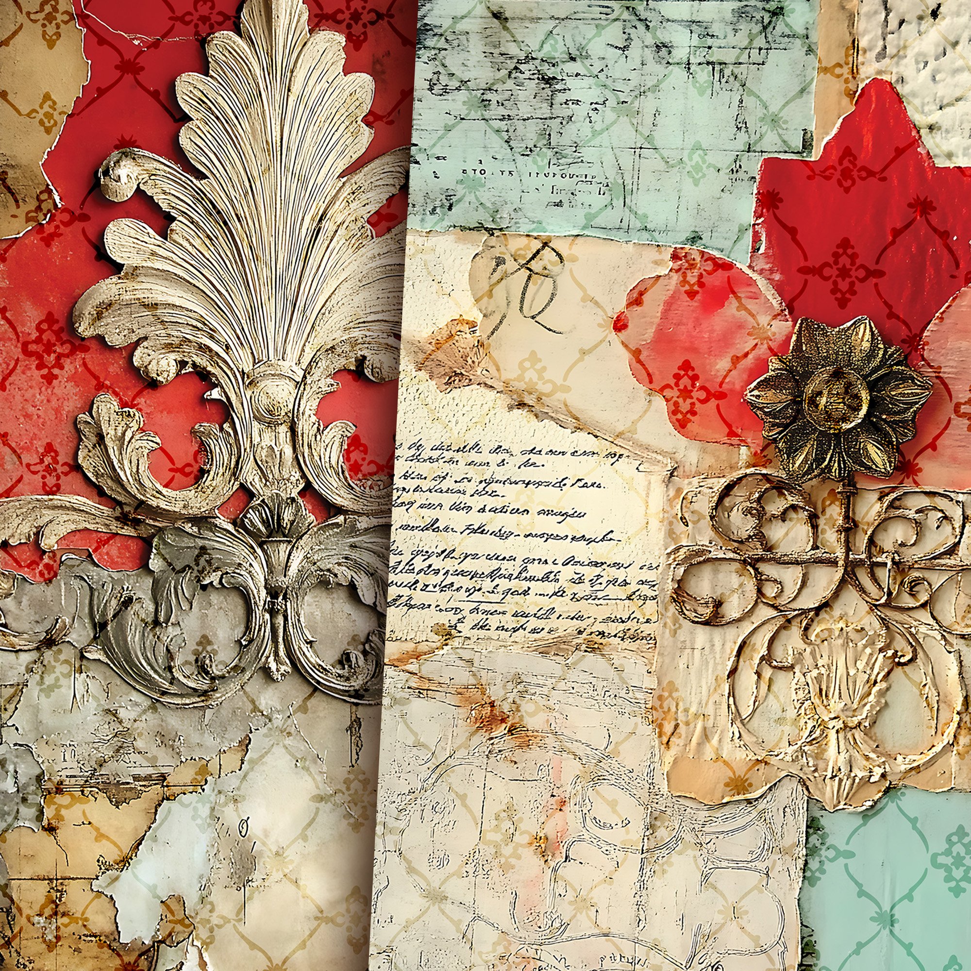 24 pc Collage with Red and Teal on Ephemera Printable Background Junk ...
