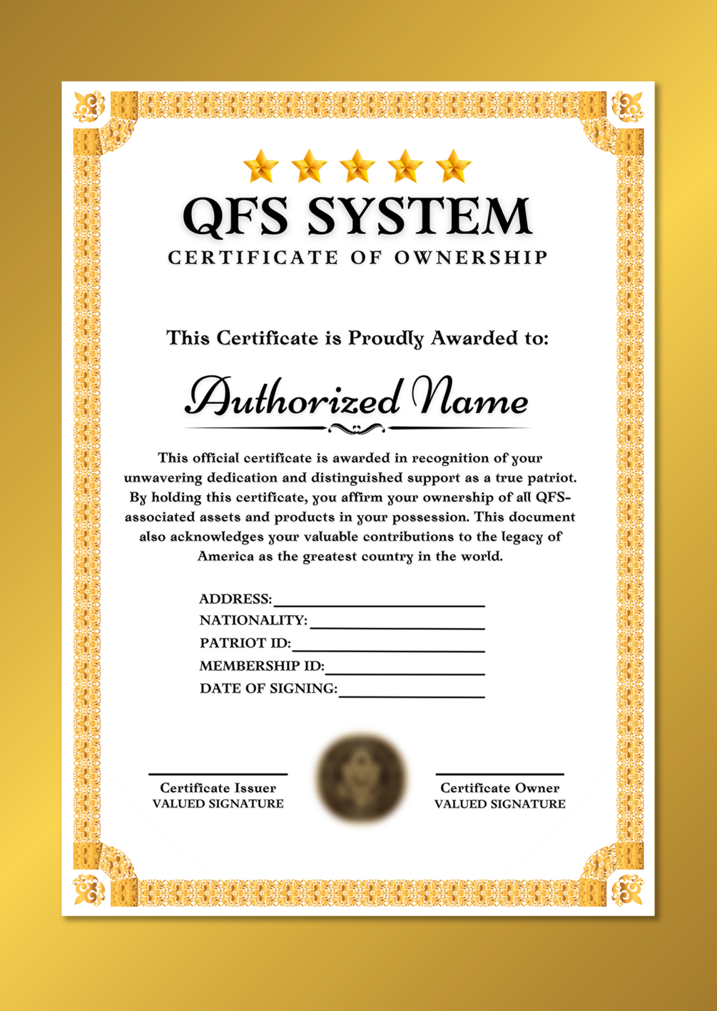 QFS GOLDEN CERTIFICATE