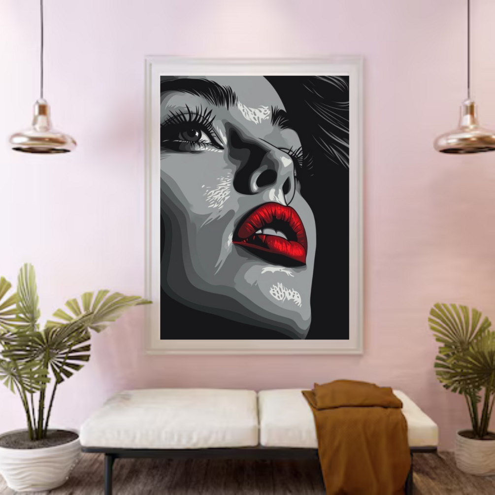 Modern Woman Face Wall Art – Bold Black Shade with Dark Lipstick