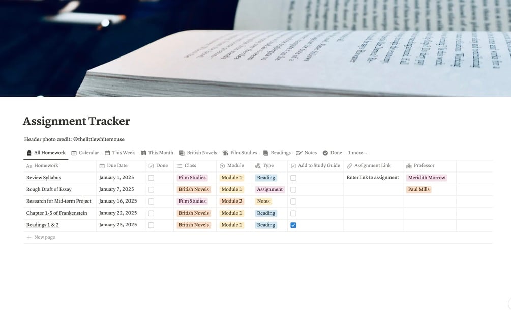 Assignment Tracker | Notion Template | Homework Tracker for College ...