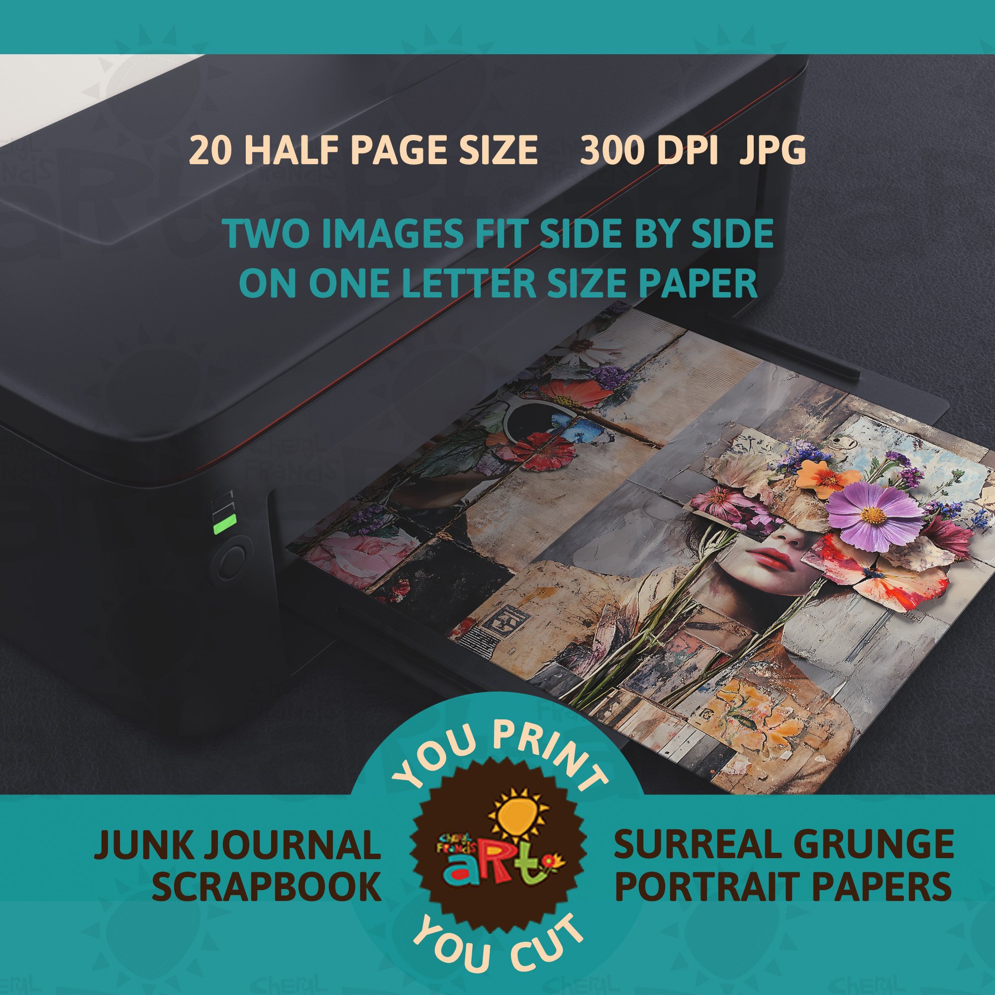 20 pc Surreal Grunge Portrait Lady with Flowers Printable Junk Journal ...