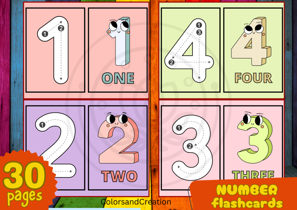 Number flashcards up to 30 for kids ages 3+