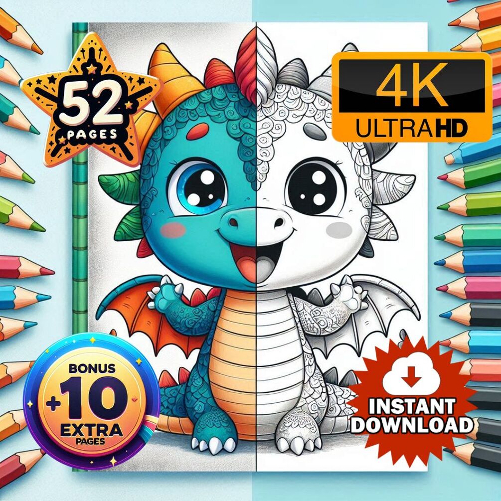 52 coloring pages 4k HD of dragons in 3 downloadable PDFs. Extra GIFT ...