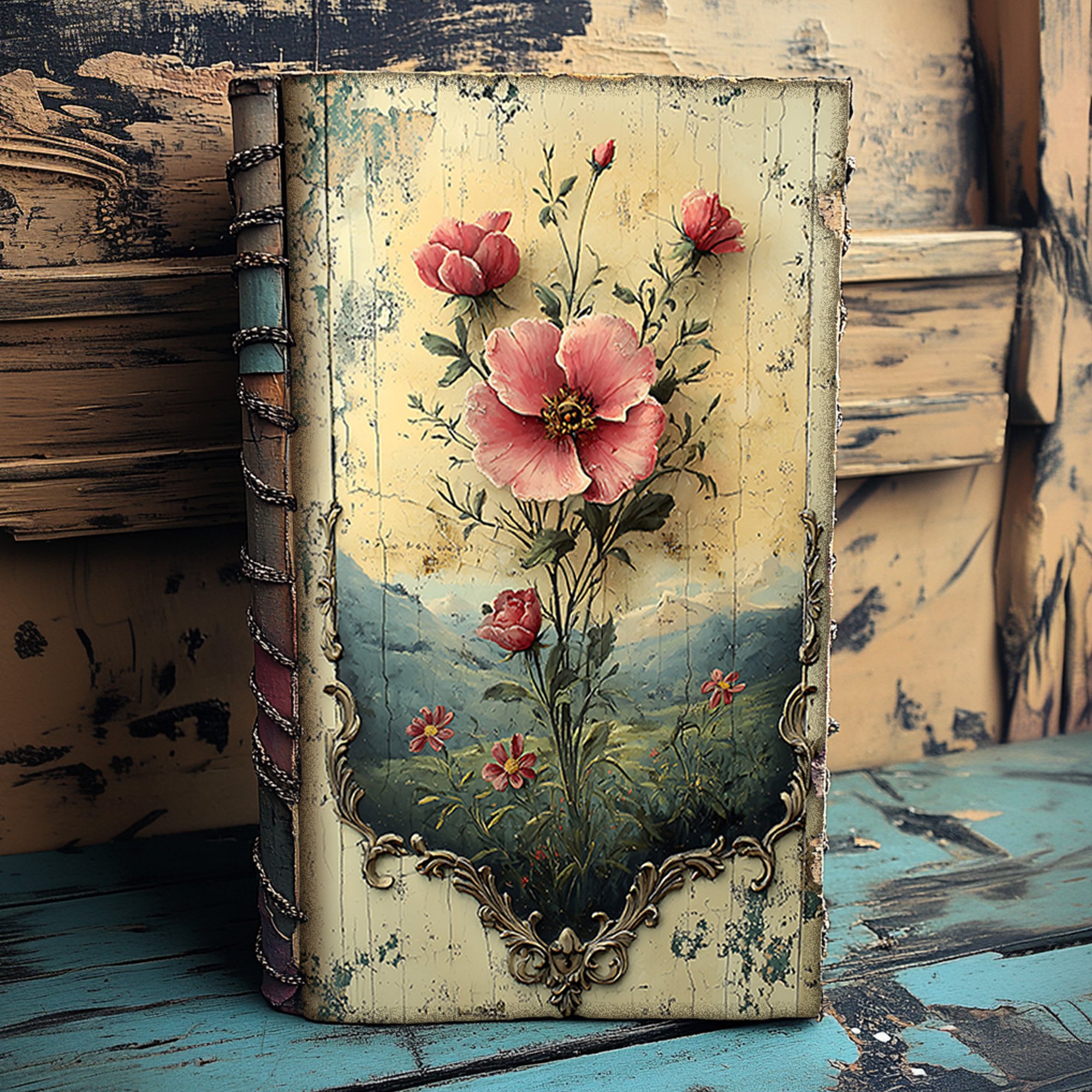 20 pc Landscape Mural with Decorative Floral Centerpiece Printable Junk ...