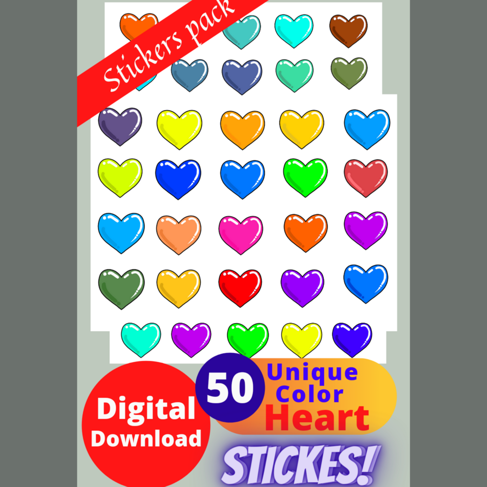 50 Unique Color Hearts Stickers Pack