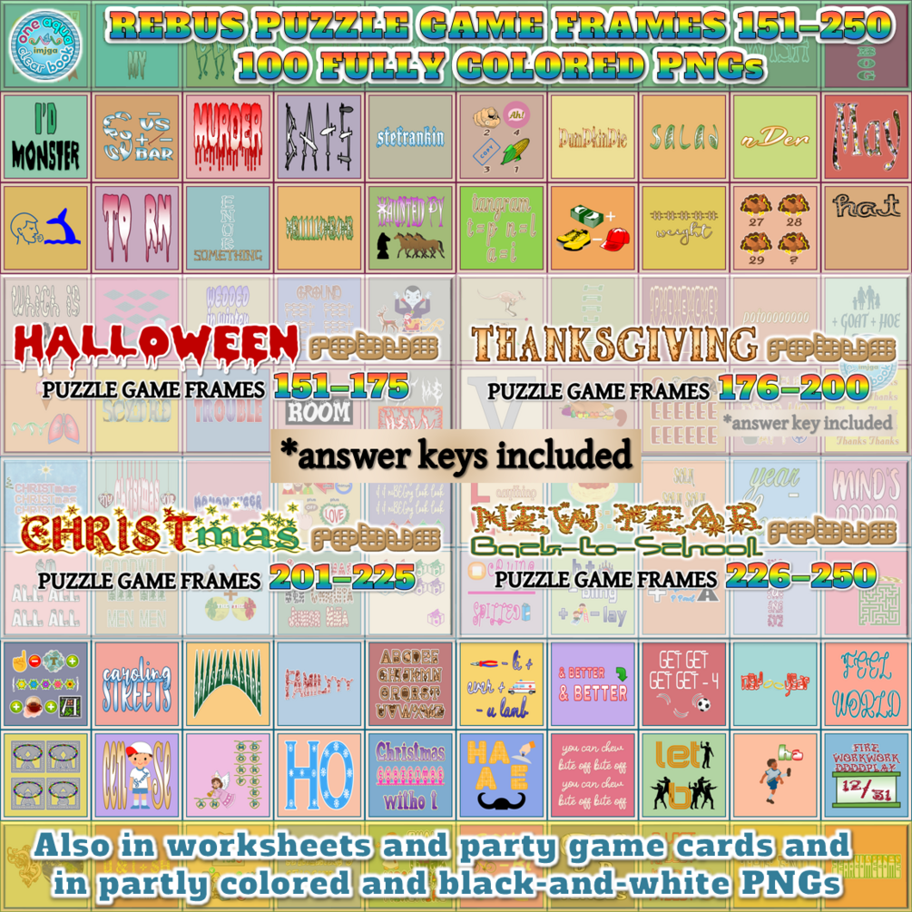 Fully Colored Rebus Puzzle Game Frames 151–250 PNGs