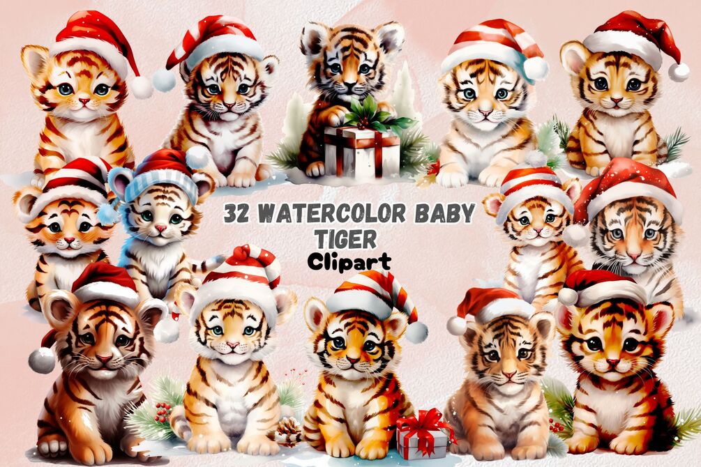 Christmas Baby Tiger Watercolor Clipart
