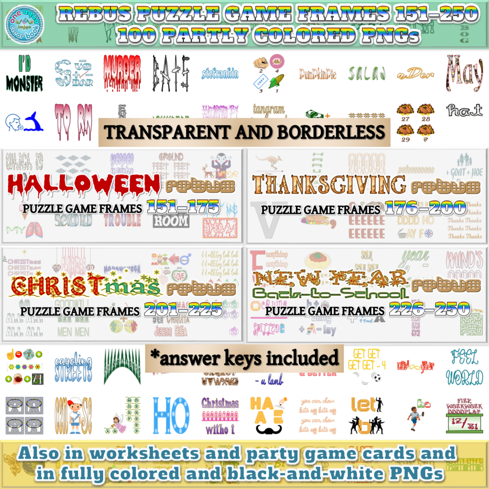 Partly Colored Rebus Puzzle Game Frames 151–250 PNGs