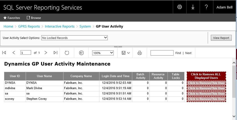 GP Interactive User Activity Maintenance (SSRS Report)