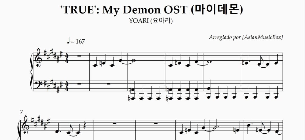 YOARI (요아리) - 'TRUE': My Demon OST (마이데몬) | Piano Sheet Music / MIDI / WAV