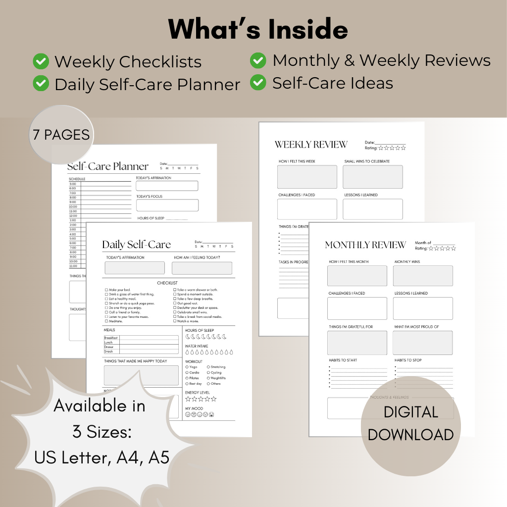 Self Care Printable Planner | Daily, Weekly, and Monthly Wellness Tools ...