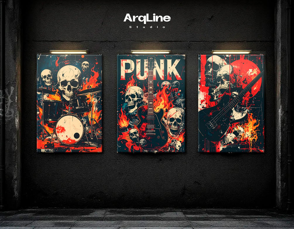 Punk Rock Poster Set of 3 – Skulls, Guitar & Drums | Rock & Roll Decor