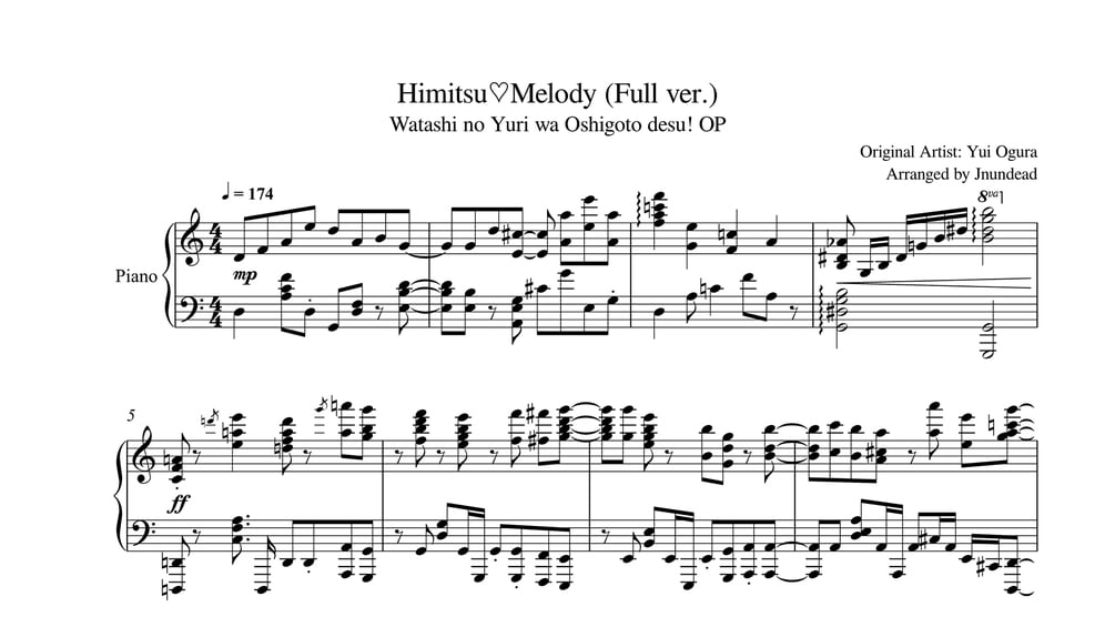 [Watashi no Yuri wa Oshigoto desu! OP] Himitsu♡Melody (Full ver.) Piano Arrangement