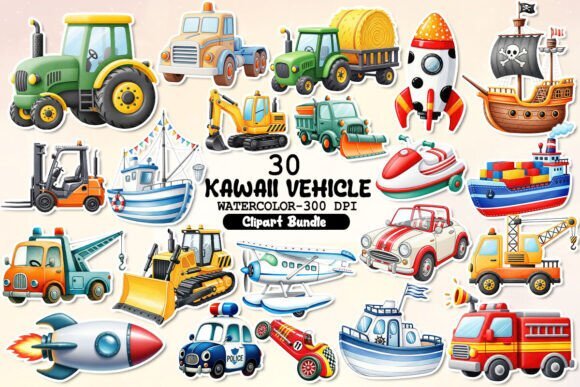 Kawaii Vehicle Clipart Bundle