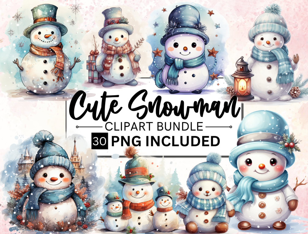 30 Watercolor Cute Christmas Snowman Clipart PNG bundle, Winter Clipart ...