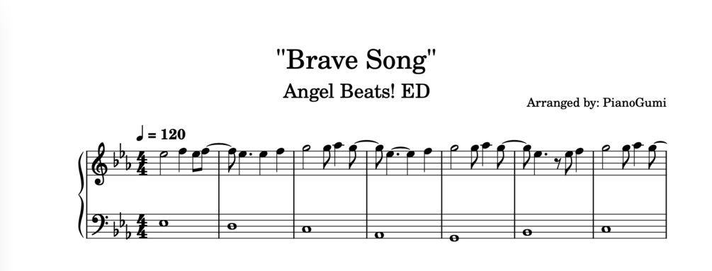 Angel Beats! ED - "Brave Song" - EASY Piano Sheet Music