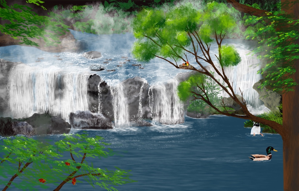 Secluded Waterfall - Digital Painting