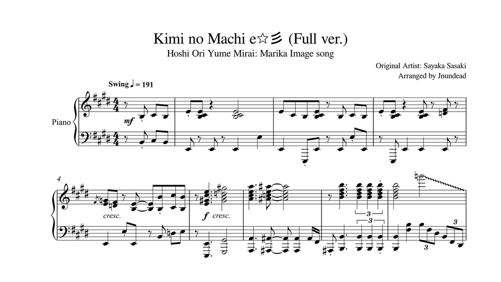 [Hoshi Ori Yume Mirai: Marika Image song] Kimi no Machi e☆彡 (Full ver.) Piano Arrangement