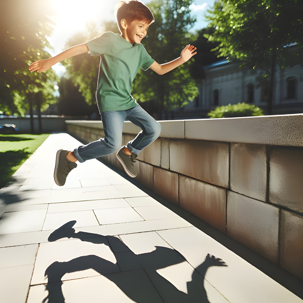 Joyful Leap: A Boy's Radiant Jump with Shadow